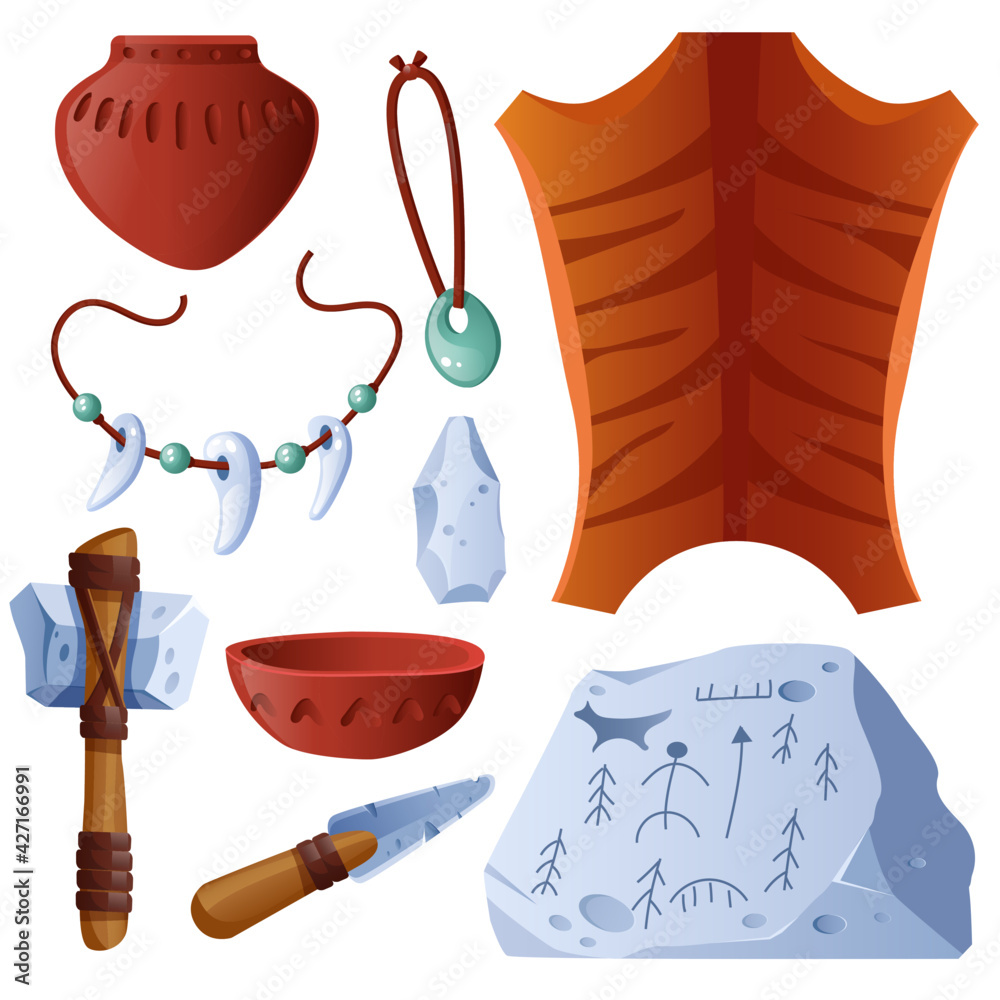 Prehistoric objects set animal skin, clay pot and bowl, amulets with ...