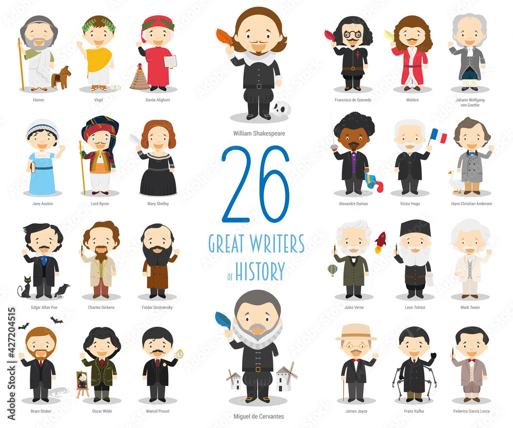 Vektor Stok Kids Vector Characters Collection: Set of 26 great writers ...