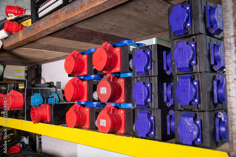 Photo Stock Power Distributor 32A. Electrical socket outlets. Three ...
