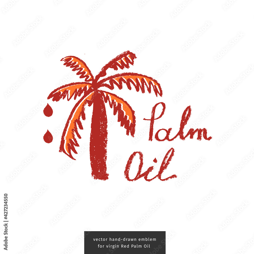 Hand-drawn Palm tree illustration for Virgin Red Palm Oil and label ...