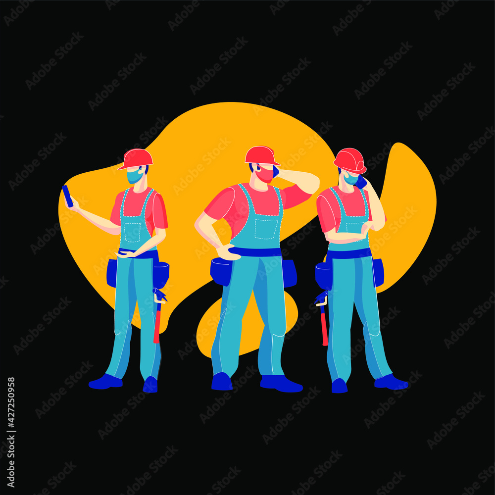 Construction workers characters. They are talking on the phone ...