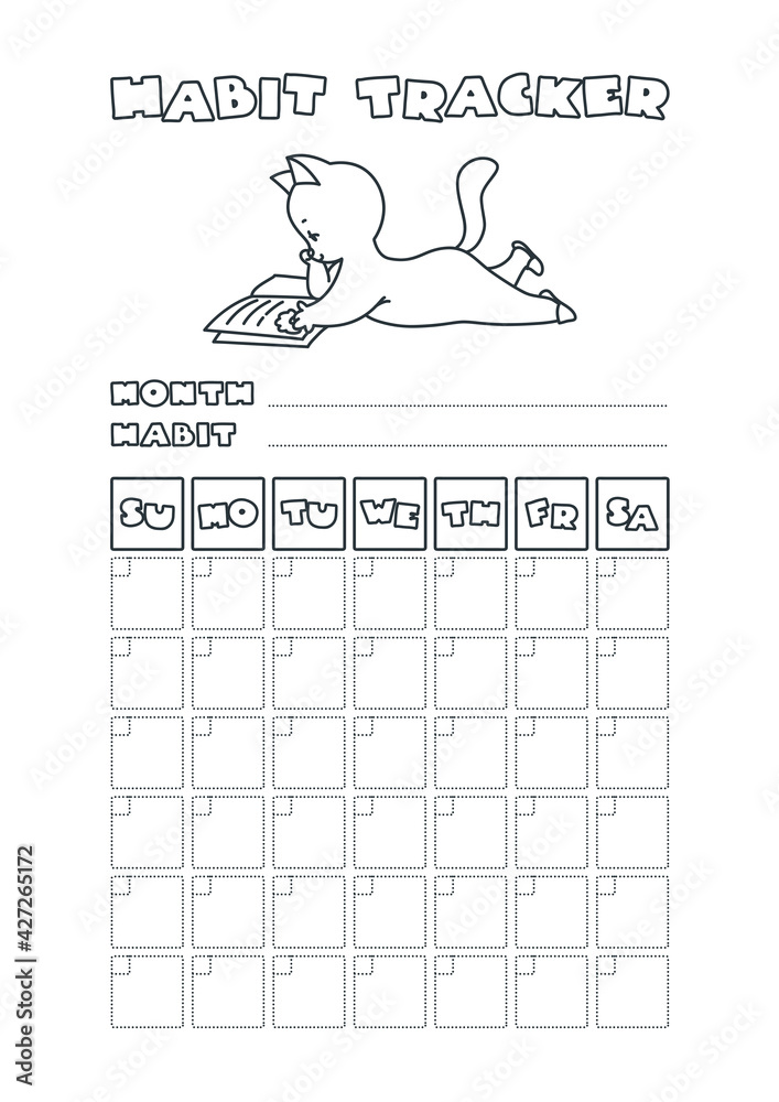 Habit tracker. Printable monthly habit tracker template with a cute cat ...