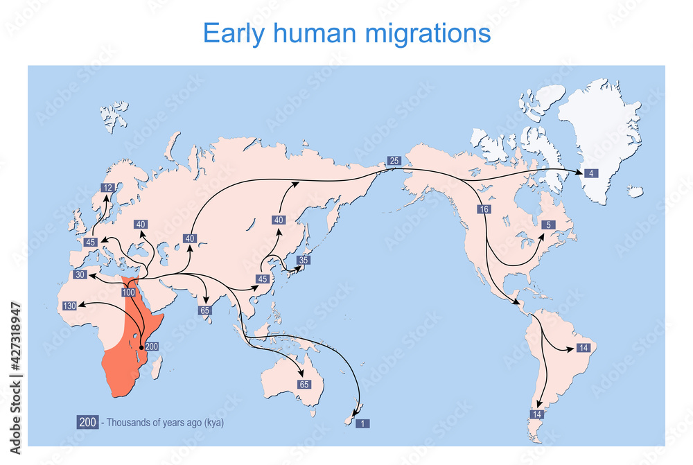 Early human migrations. Map of the spread of humans around the world ...