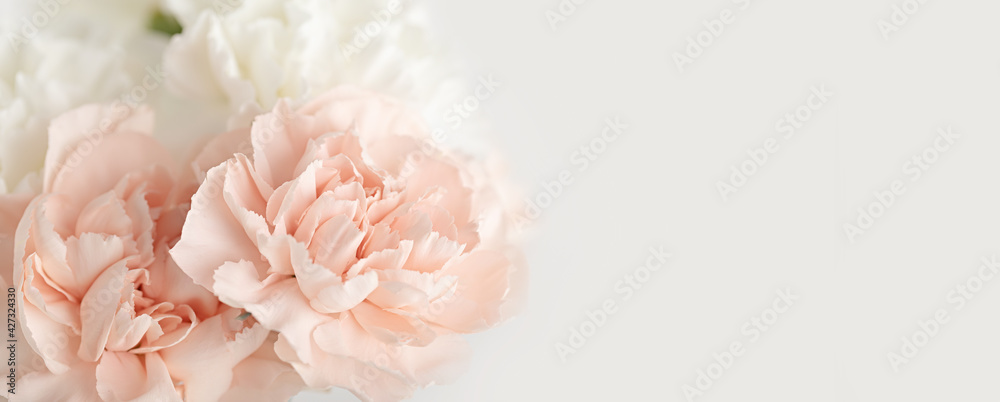 Spring flower bouquet over light background with copy space. Bridal ...