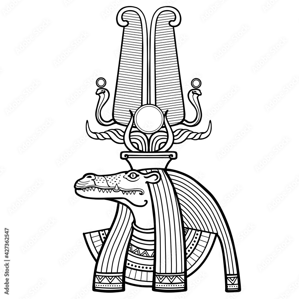 Animation linear portrait Ancient Egyptian god Sobek. Deity with a ...