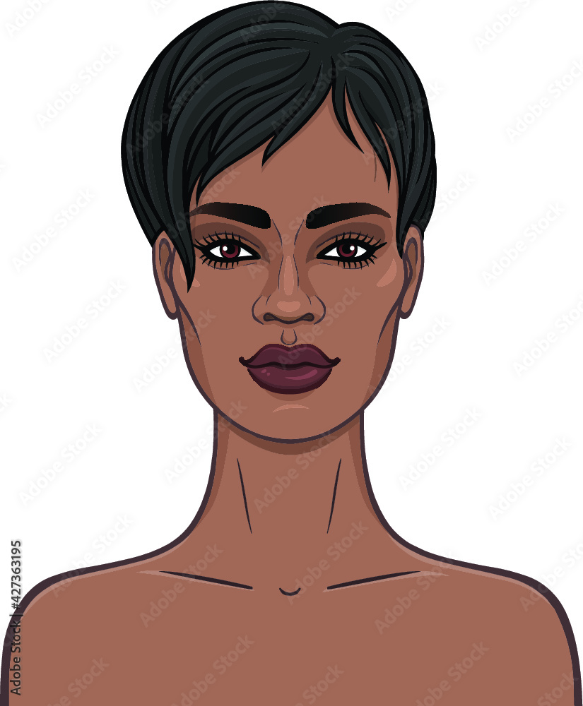 Animation portrait of the young beautiful African woman. Color drawing ...