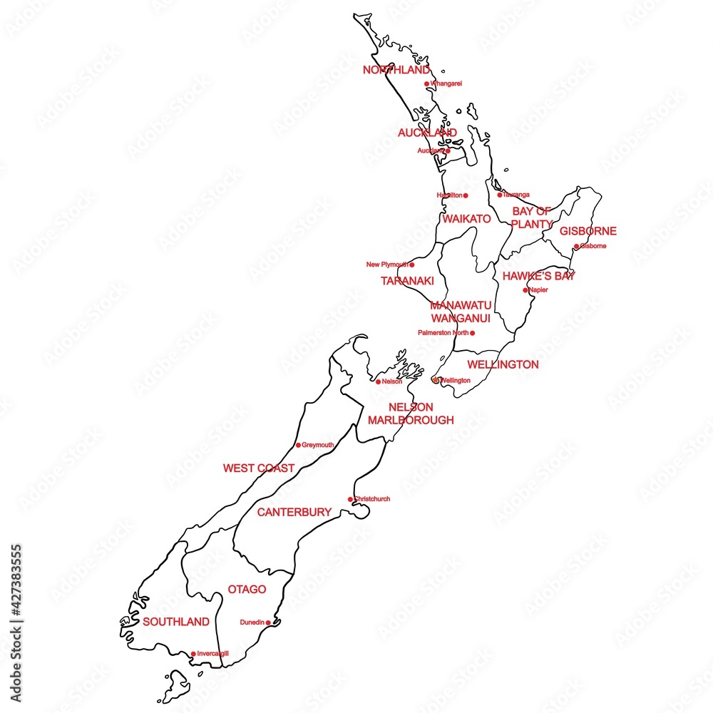 Doodle freehand drawing New Zealand political map with major cities. 素材 ...