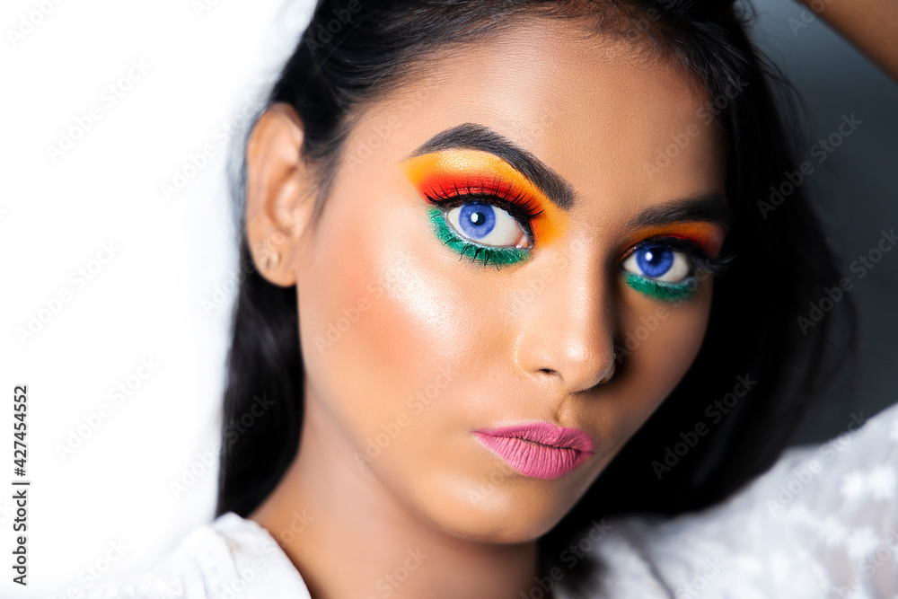 Indian woman with Indian tricolor flag Eye Makeup. Indian republic and ...