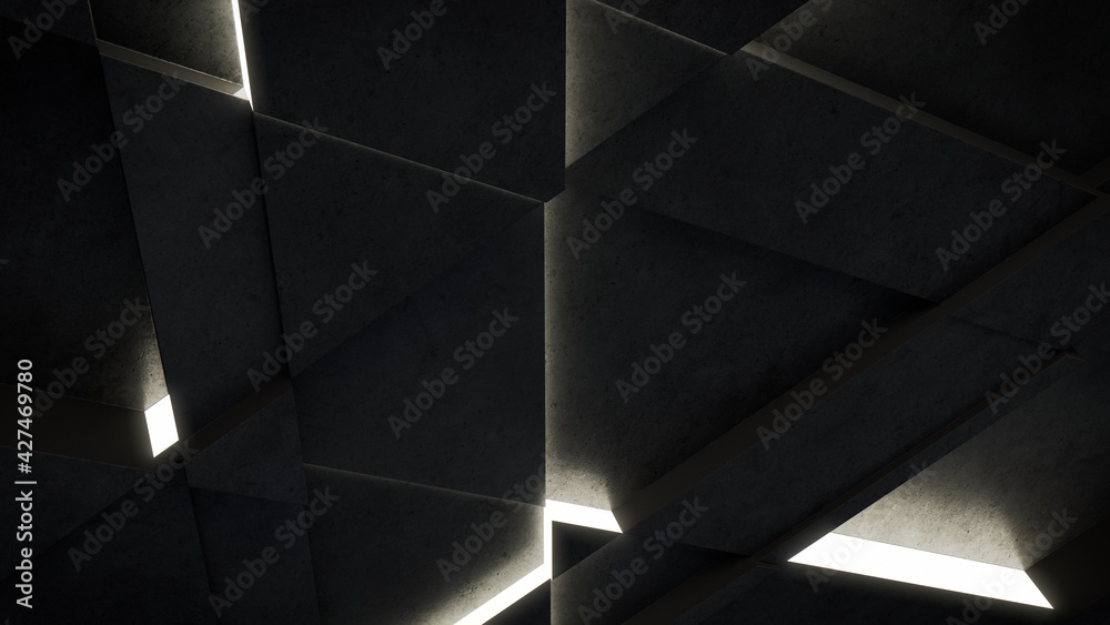 Dark, Concrete wall background, with integrated White light strips ...