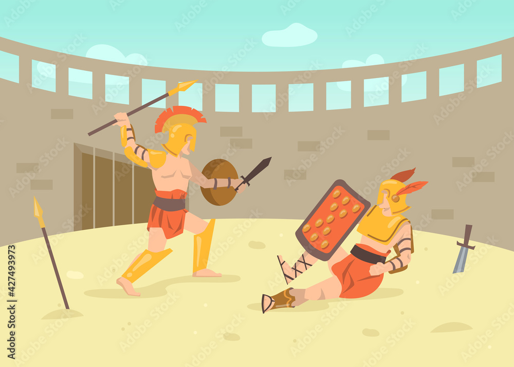 Two roman armored warriors fighting with swords on arena. Cartoon ...