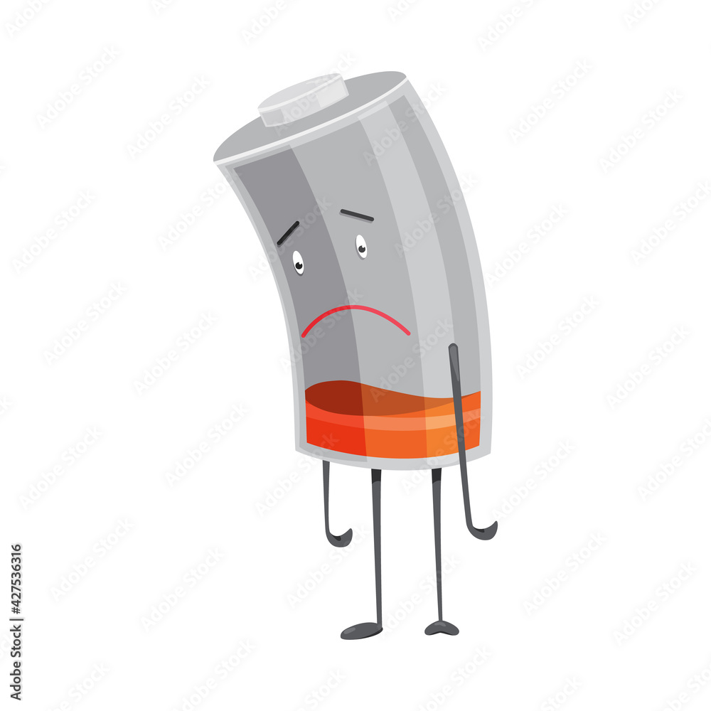 Sad battery man standing. Low battery indication, need to charge ...