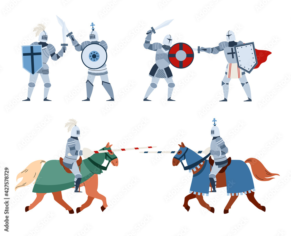 Set of medieval ancient knights in armour, flat vector illustration ...