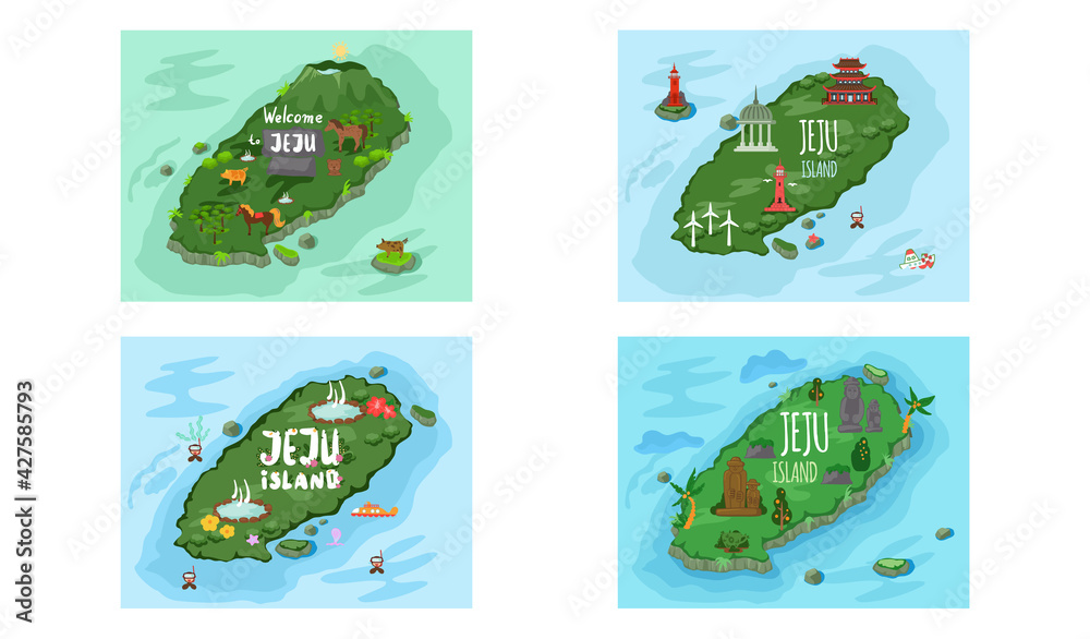 Welcome to Jeju island in South Korea, traditional landmarks, symbols ...