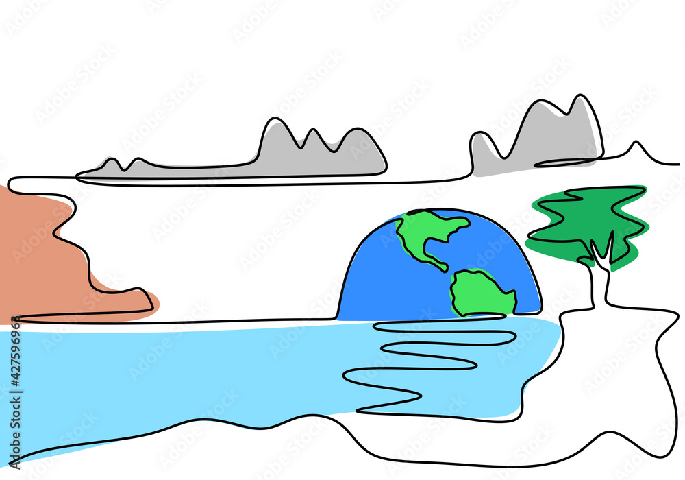 One continuous line drawing of earth planet with beautiful natural view ...