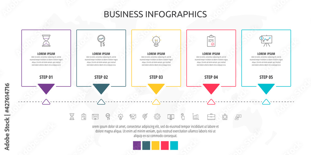 Line cards with five steps, arrows. Rectangular infographic. Frames timeline data vector ...