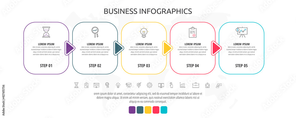 Line cards with five steps, arrows. Rectangular infographic. Frames timeline data vector ...