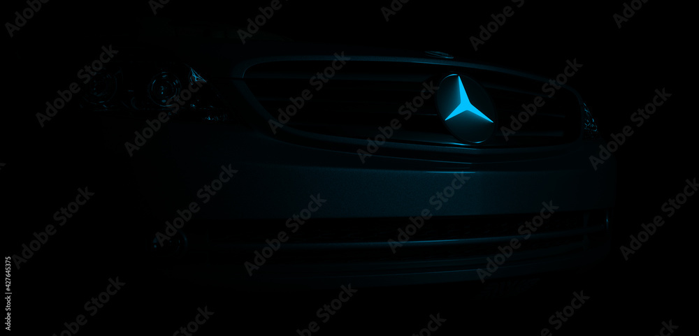 Mercedes Benz logo with car, 3d illustration of black background, empty ...