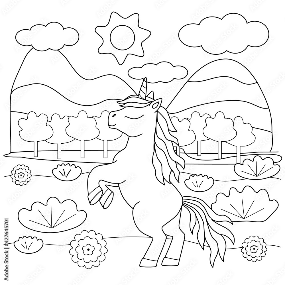 Kids coloring page with cute unicorn, mountains and flowers. Simple ...