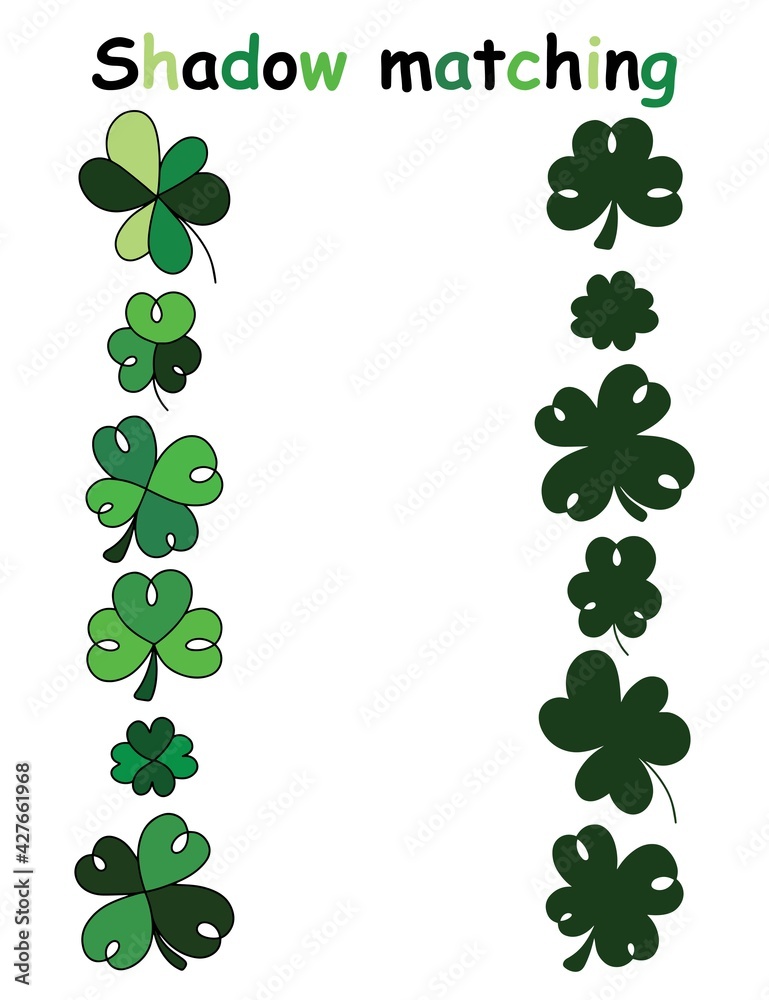 Shadow matching game with cartoon hand-drawn green clovers educational ...
