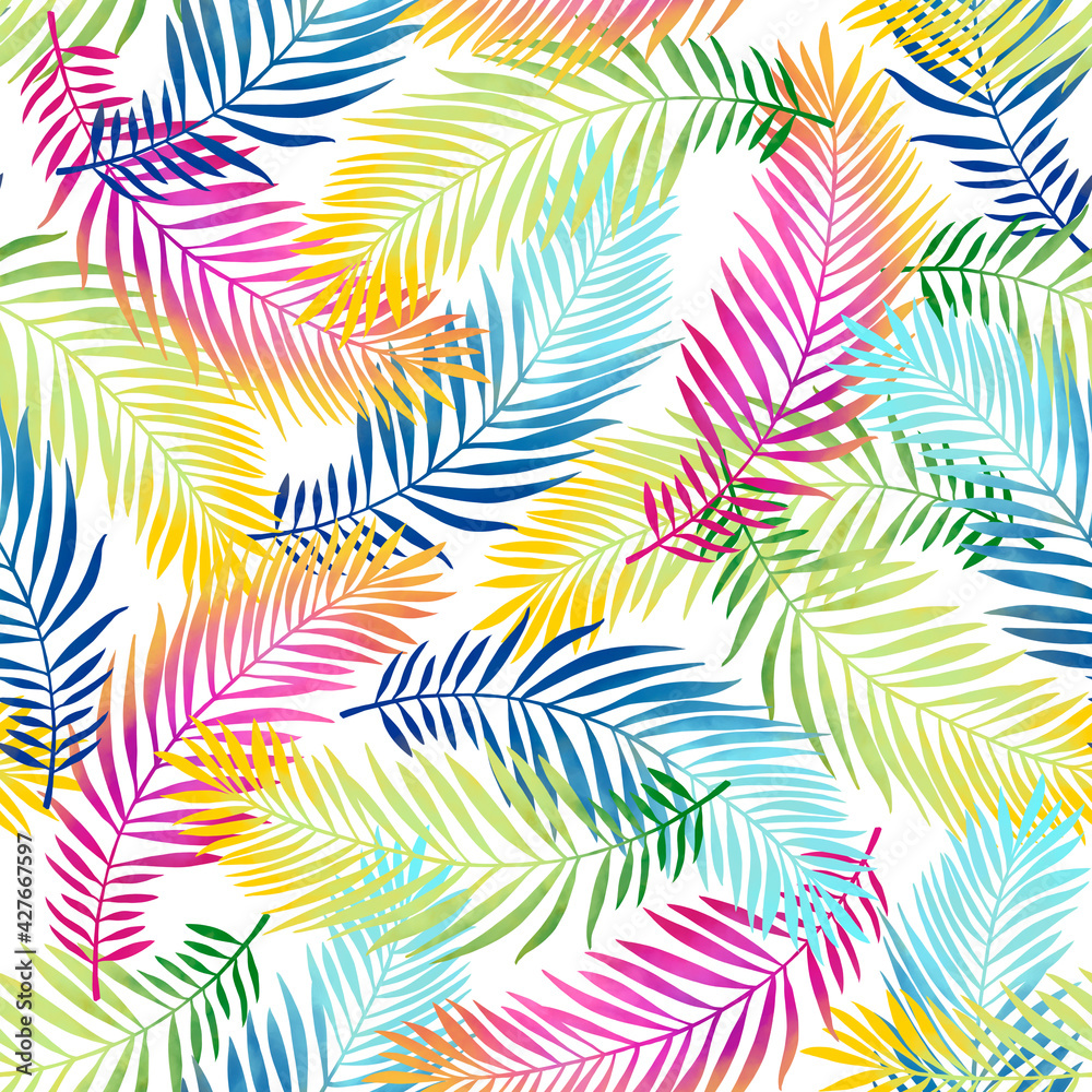 seamless pattern of palm leaves, symbols of the sun and sea on a white ...