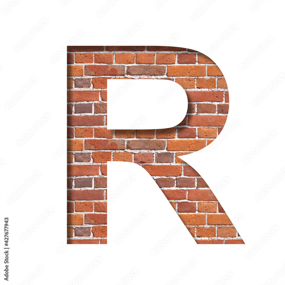Font on brick texture. Letter R, cut out of paper on a background of ...