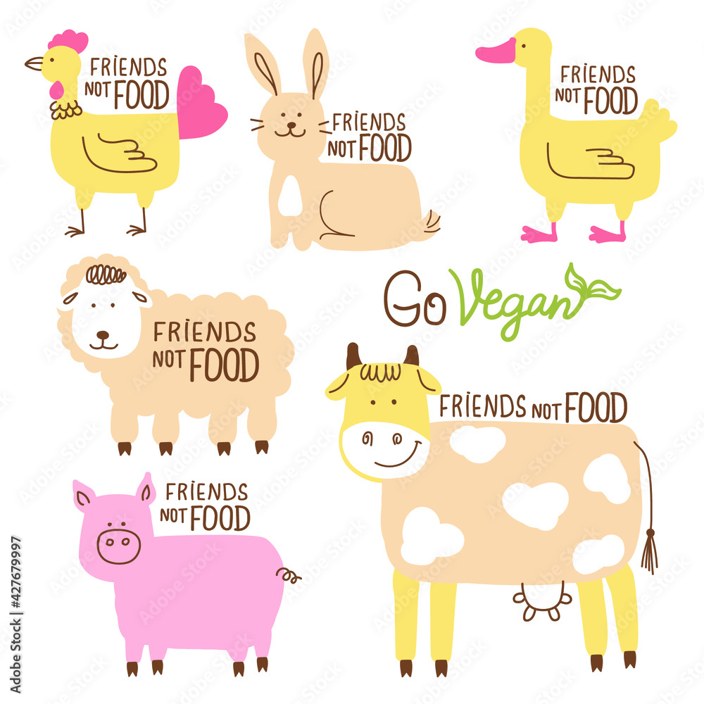Friends not food, go vegan. Vector set of farm animals vector cartoons ...