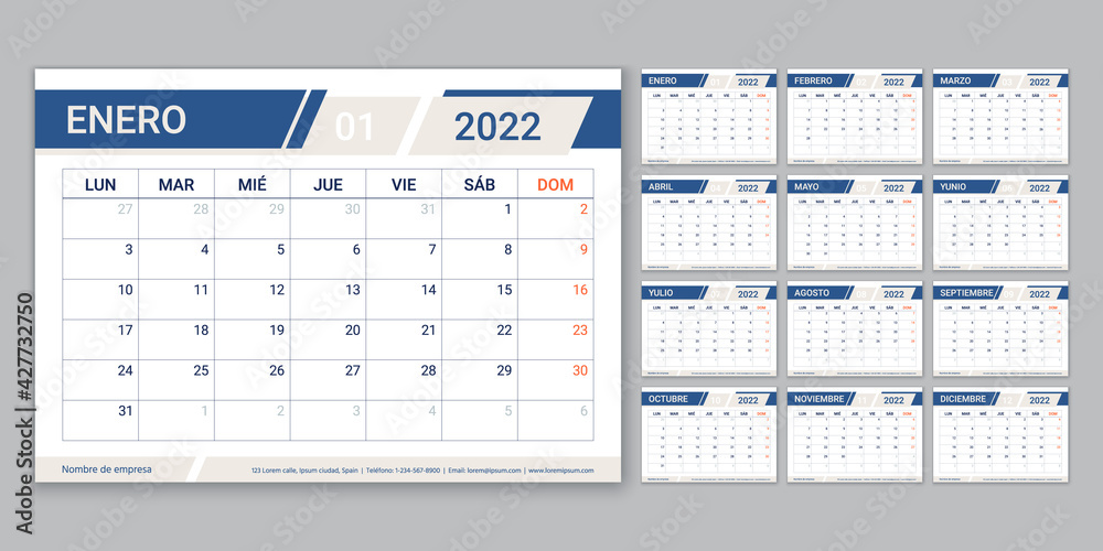 2022 Spanish calendar planner. Week starts Monday. Vector. Calender ...
