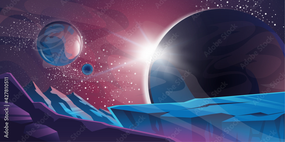 Cosmic background, alien planet deserted landscape with mountains ...