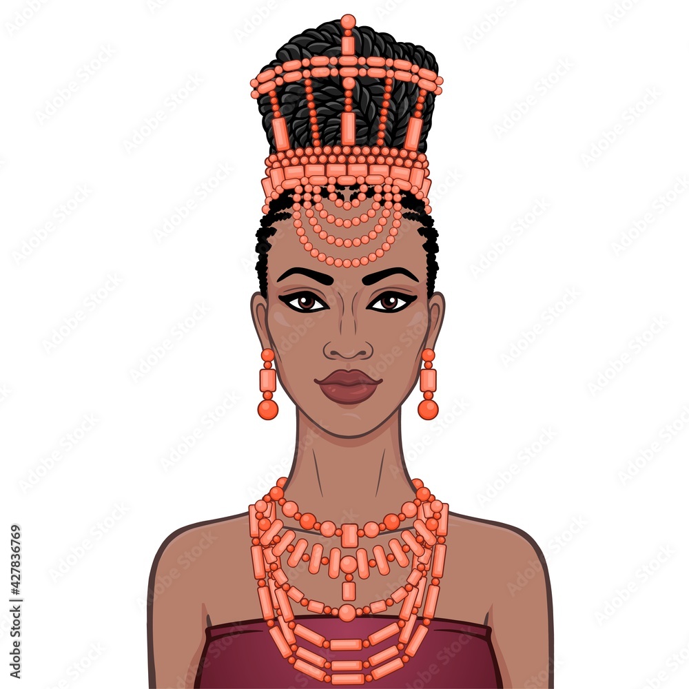Animation portrait of the beautiful black woman in a traditional ethnic ...