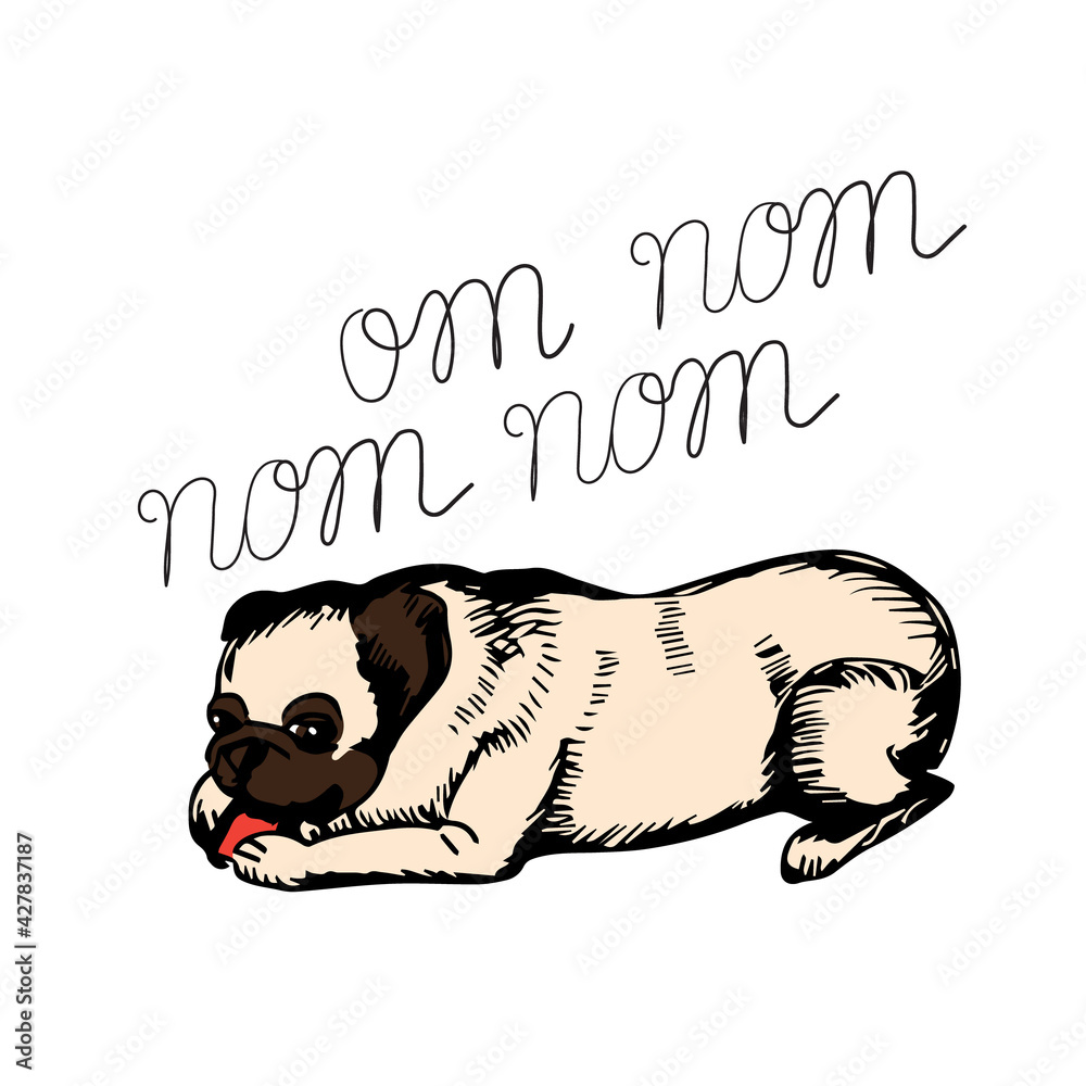 Cute funny pug lies and nibbles treat. Om nom nom nom. Cartoon ...