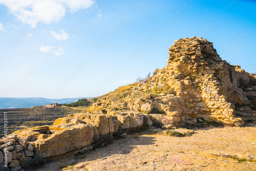 Ares del Maestre castle ruins. Medieval historic traditional village on ...