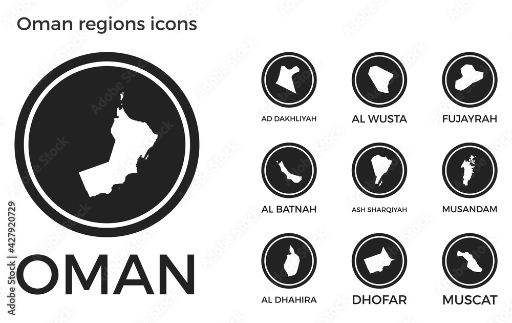 Oman regions icons. Black round logos with country regions maps and ...