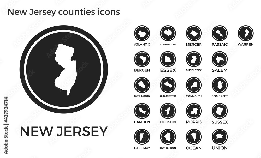 New Jersey counties icons. Black round logos with US state counties ...