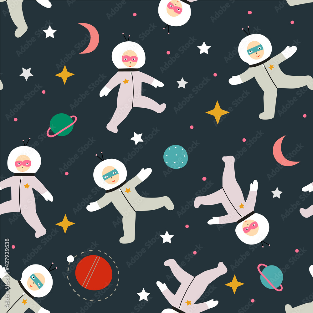 Funny cartoon vector cosmos pattern design with little astronauts ...