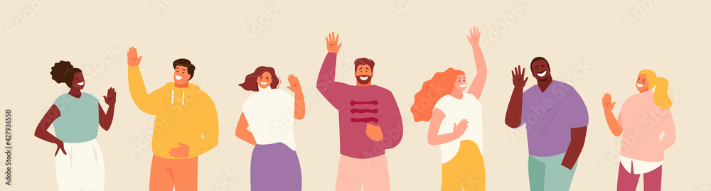 Group of friendly people talking hello. Welcome gestures welcome vector ...