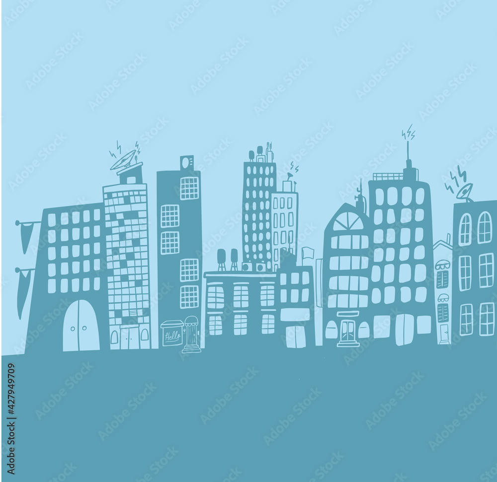 Cute city hand drawn skyline illustration vector material background ...