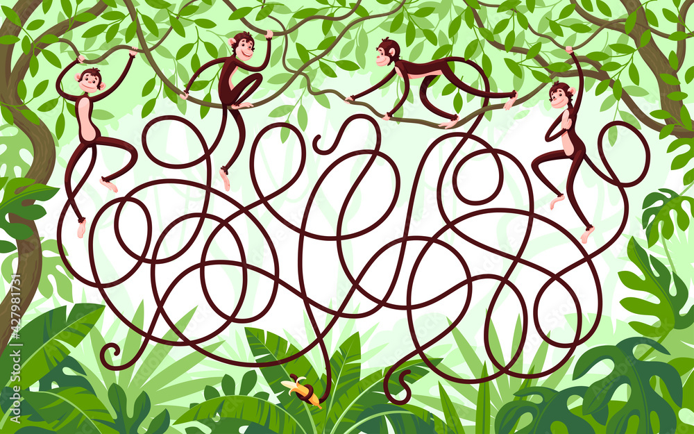 Vektor Four monkeys with long tails hang from vines in the jungle ...