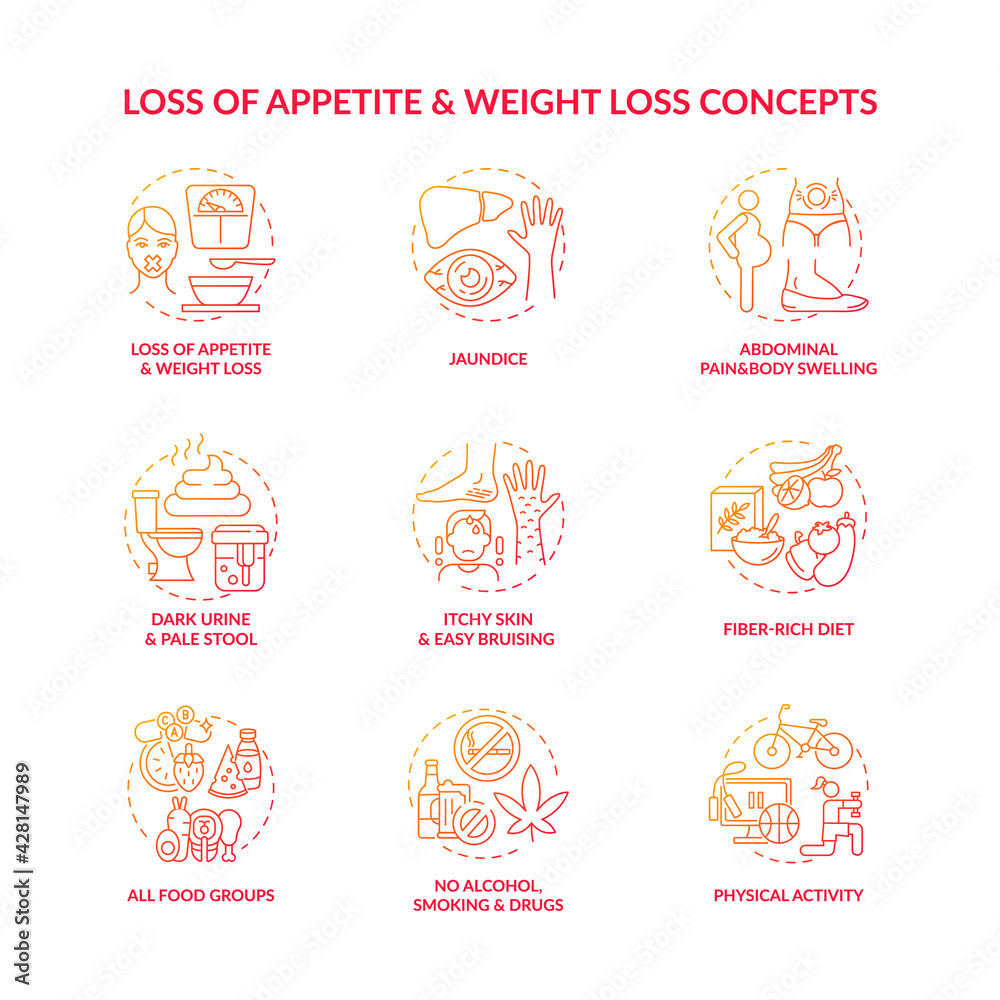 Vector de Stock Liver health concept icons set. Symptoms, treatment ...