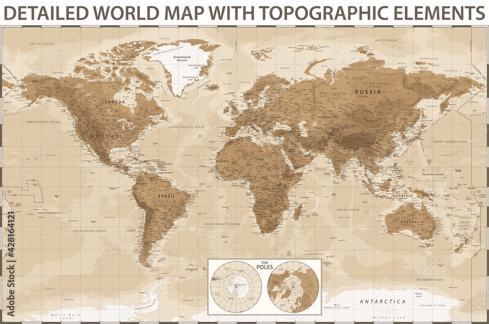 World Map and Poles - Vintage Physical Topographic - Vector Detailed ...