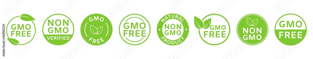 Non GMO labels. GMO free icons. Healthy organic food concept. No GMO design elements for tags ...