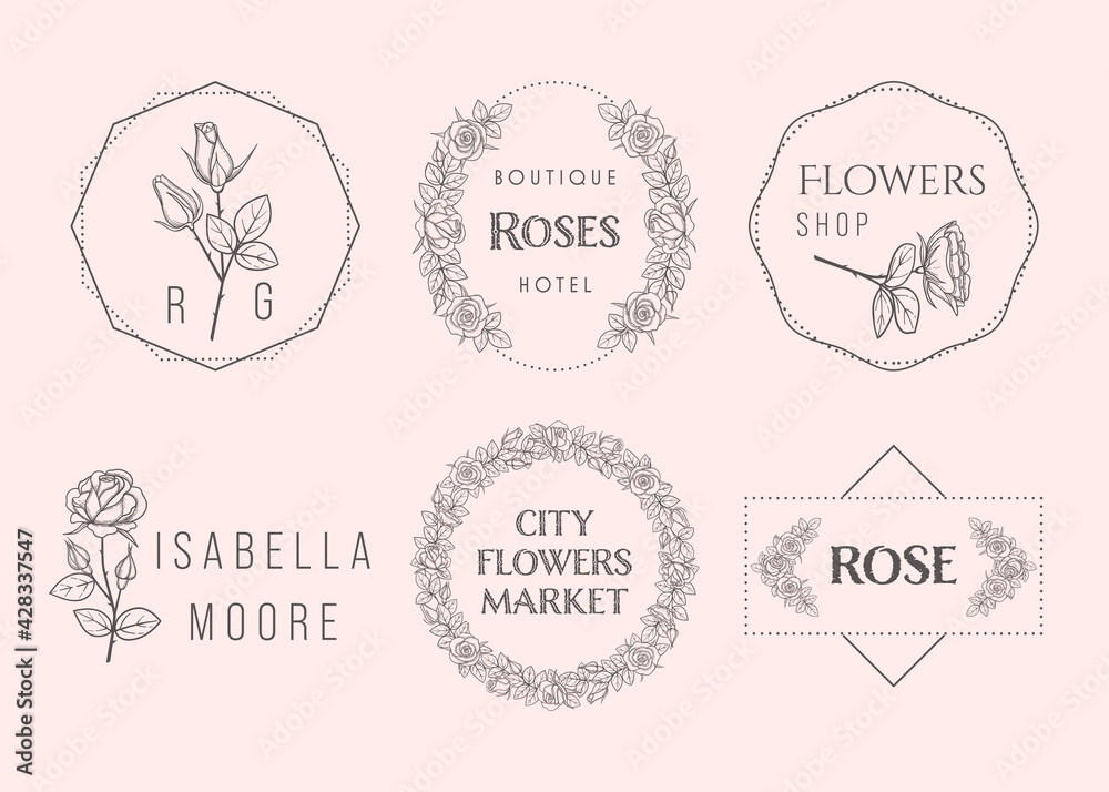 Luxury flower rose logos set in trendy linear style. Hand drawn modern ...