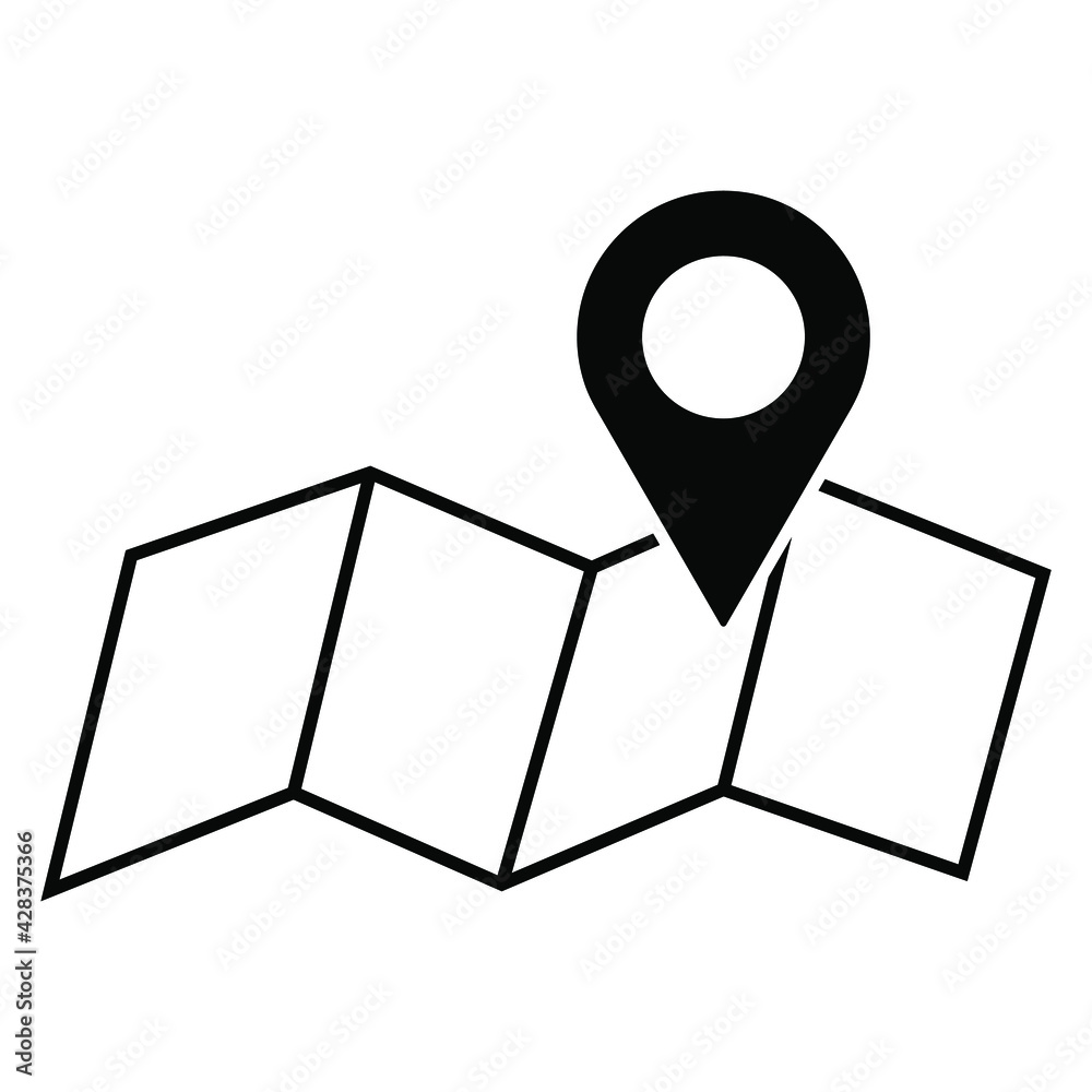 Map with pin, geo locate, pointer icon. Black icon isolated on a blank ...