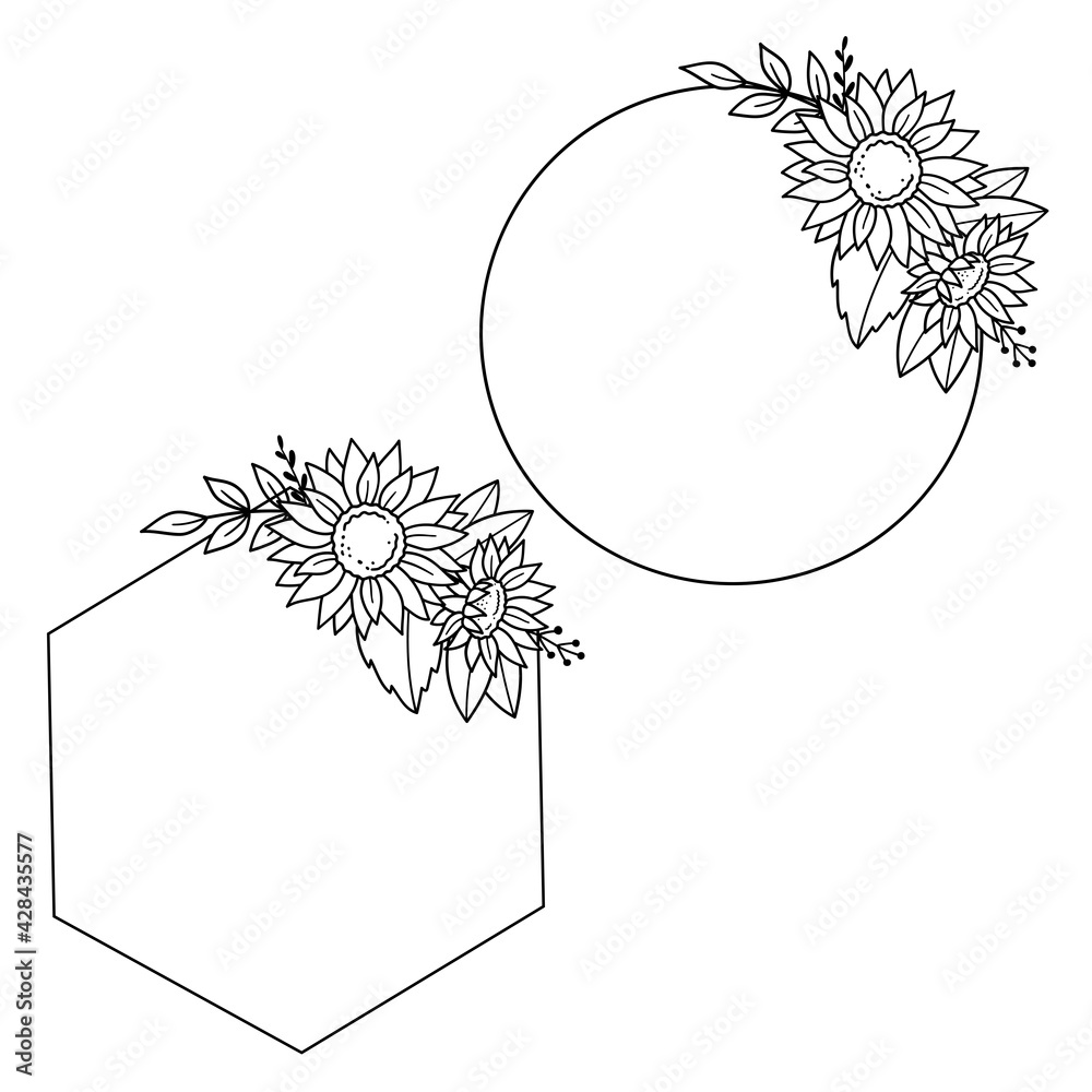 Sunflower frame. Round and hexagonal flower frame. Outline drawing ...