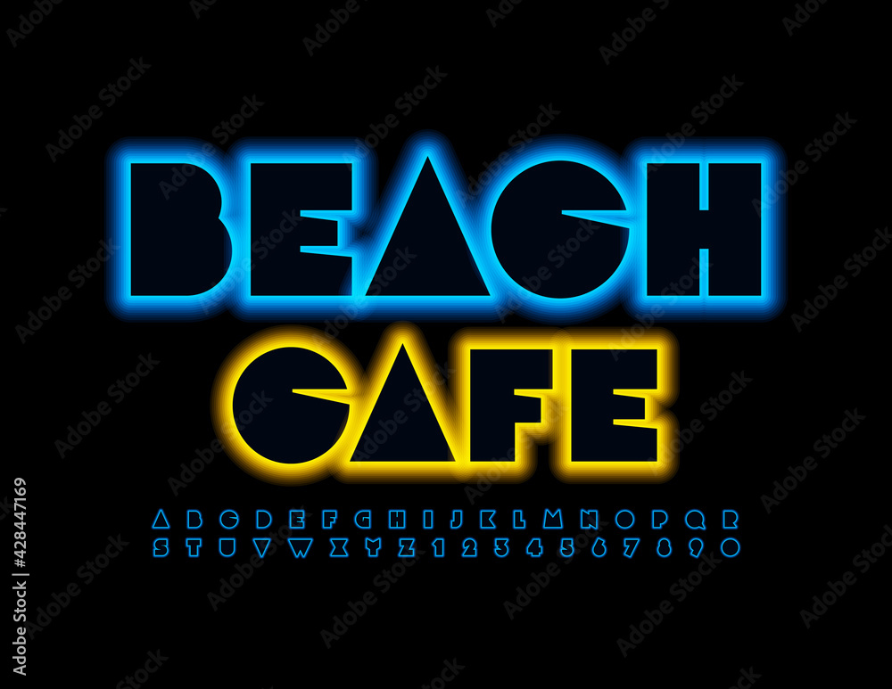 Vector colorful Sign Beach Cafe. Bright glowing Font. Neon Alphabet ...