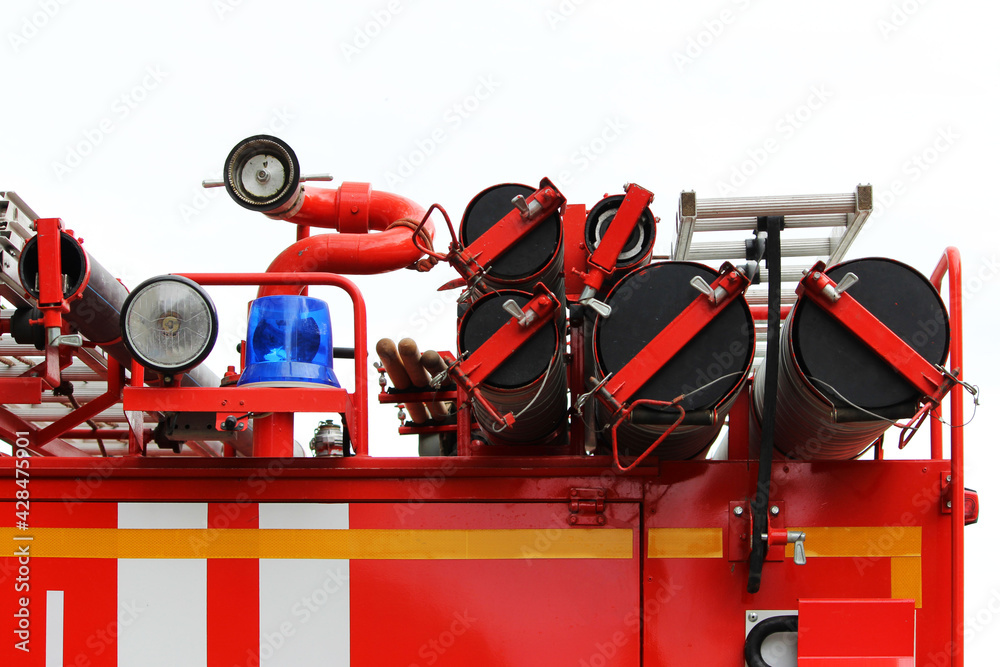 fire truck, upper part. Gas cylinders are fixed on the roof, which is ...