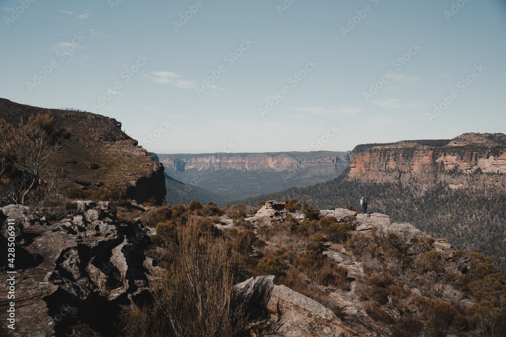 View of the rock faces across the valley from Walls Lookout in the Blue ...