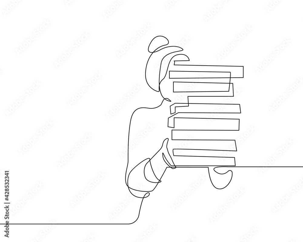 Vetor Woman with Books Line Art Drawing. Minimalistic Black Lines ...