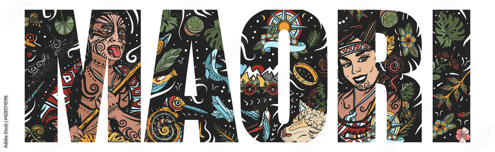 Maori slogan. Double exposure lettering. Aboriginal tribes, warrior ...