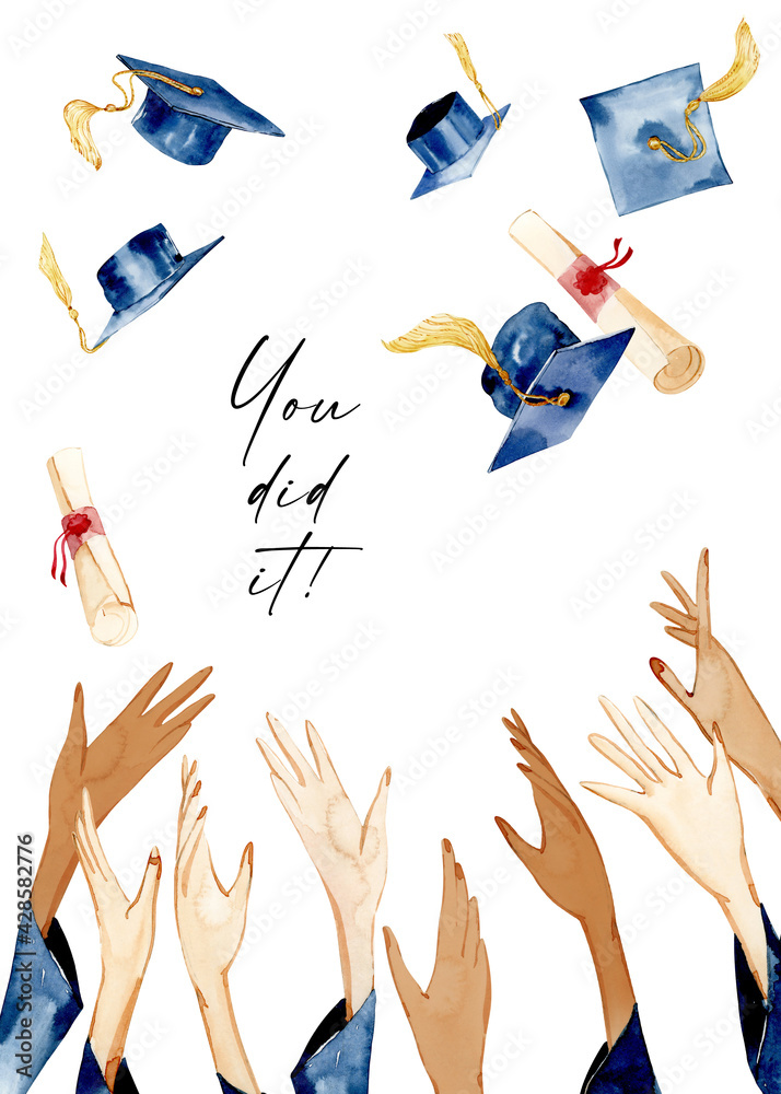 Graduation Clipart, Watercolor Graduation clip art. Grad cap, Diploma ...