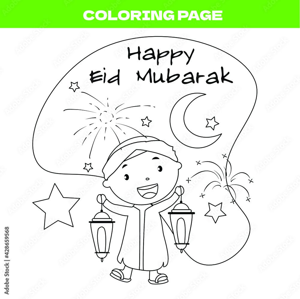 Coloring page of Muslim boy smiling while holding two lanterns. Eid ...